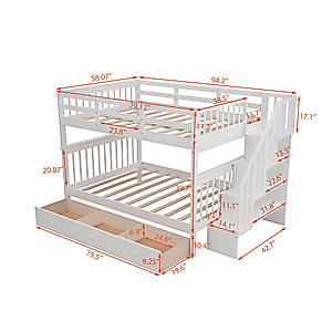 Harper & Bright Designs Full Over Full Bunk Beds with Storage Drawers and Stairs Wood Bunk Bed Frame for Kids Boys Girls Teens, White
