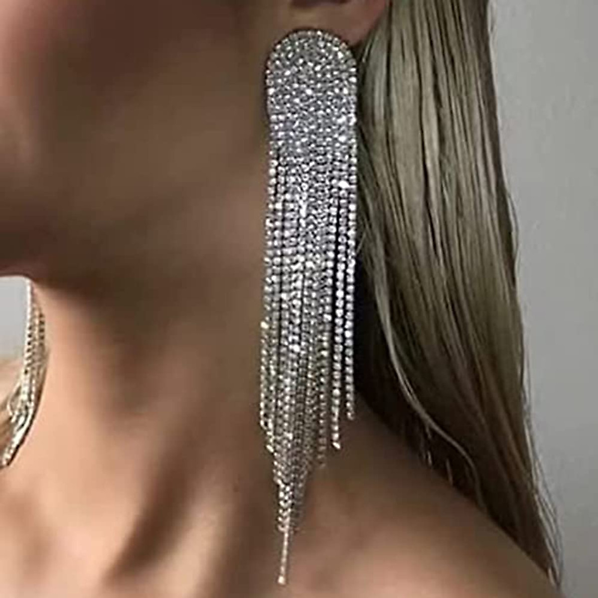 Jumwrit Rhinestone Tassel Earrings Bohemian Fringe Chandelier Earrings Long Rhinestone Earrings Statement Drop Earrings for Women（Silver）