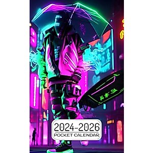 Pocket Calendar 2024-2026: Two-Year Monthly Planner for Purse , 36 Months from January 2024 to December 2026 | Character sheet | Lightningwave | 3D CGI | Cyberpunk streetwear outfit | Neon city