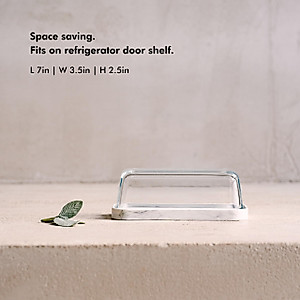 KIVY Glass butter dish with airtight lid that keeps butter soft - For countertop and refrigerator door shelf - Clear glass butter dish with cover - White Marble Butter holder with plastic plate