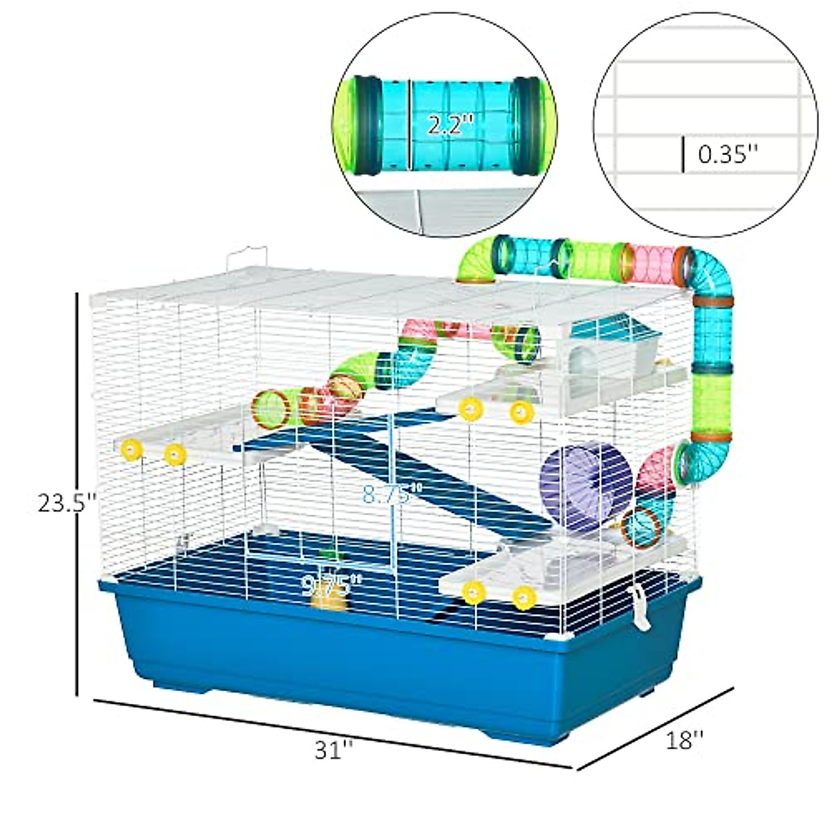 PawHut 31" Extra Large Hamster Cage with Tubes and Tunnels, 4 Tier Small Animal Cage with Portable Carry Handles, Rat Gerbil Cage with Water Bottle, Food Dish, Exercise Wheel