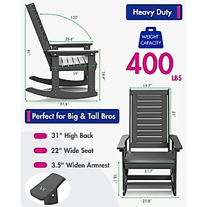 BRIOPAWS Rocking Chair Outdoor | Porch Rocker | HDPE Plastic | Grey | Oversized | Patio Rockers Chairs | High Back | for Big Man | Weather Resistant | for Outside Deck Balcony Front Backyard