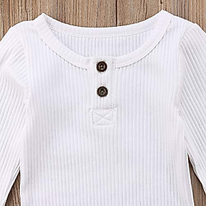 Seyurigaoka Newborn Unisex Baby Solid Bodysuit Basic Plain Rib Stitch Long Sleeve Romper Clothes for Infant Boy Girl White