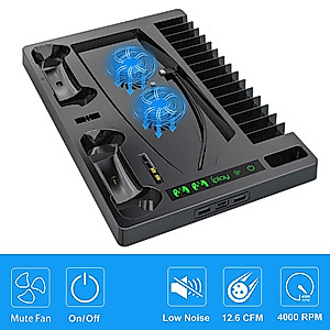 Vertical Stand for Playstation 5 with 2 Cooling Fan, 2 Charging Station for PS5 Digital/CD-ROM Edition Console with 15 Game Storage, 1 Pulse 3D Headset Holder, 1 Media Remote Storage (Black)