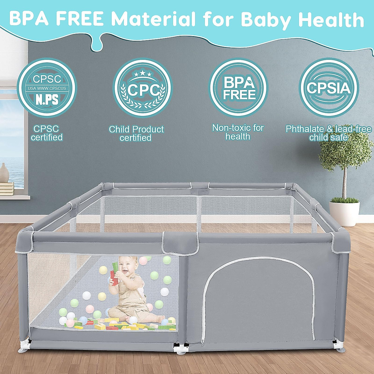 Fshibila Baby Playpen Baby Play Pen 50 x 50 inch, Baby Playard for Babies and Toddlers, Baby Fence Play Pens for Indoor & Outdoor, Sturdy Safety Play Yard with Soft Breathable Mesh, Anti-Fall, Grey
