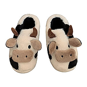 Jerzmy Fuzzy Cow Slippers for Women Men, Cute Cotton Animals House Slippers Fluffy Plush Shoes for Girls Indoor Living Room Bedroom Garden, Size 10-11