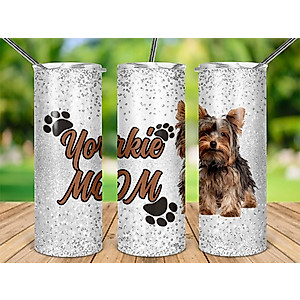 Yorkie Mom #1 20oz Stainless Steel Tumbler, Slide Door Lid & Straw Included, Glitter Print, Dog Mama, Gift, Great For Keeping Drink Cold or Hot