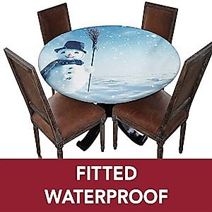 Snowman Round Fitted Tablecloth with Elastic Edge,Snow Covered Wintry Landscape Cute Print Polyester Table Cover, XXLarge, Fit Round Tables up 65"-71" Diameter, for Party Dining Banquet