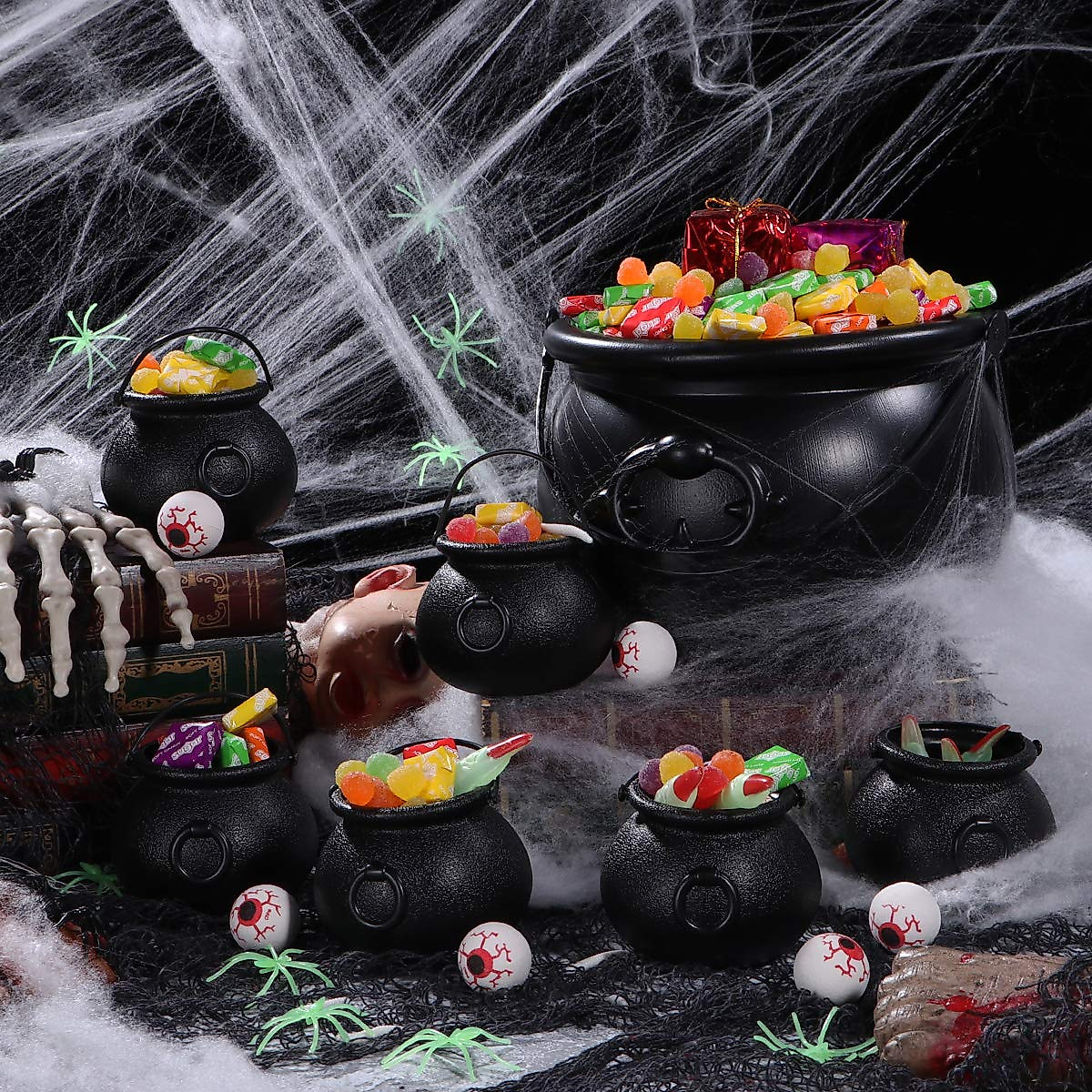 7Pack Halloween Cauldron with Handle Black Cauldron Candy Bucket Candy Kettle for Halloween St Patrick Day Party Decoration attached 6PCS Eyeballs