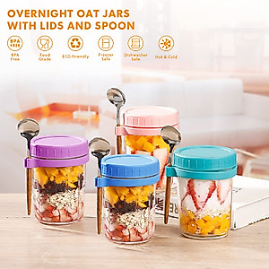 Overnight Oats Containers with Lids and Spoon, 4 Pack Mason Jars for Overnight Oats, 16 Oz Overnight Oats Jars Glass Oatmeal Container to Go for Chia Pudding Yogurt Salad Cereal Meal Prep Jars (Blue