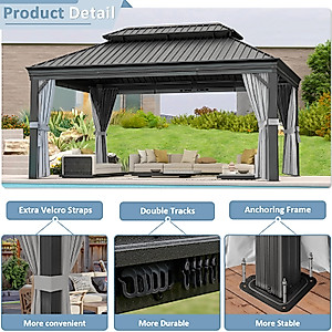 Aoxun 12' x 16' Permanent Hardtop Gazebo with Galvanized Steel Double Roof and Aluminum Frames Outdoor Large Pavilion Gazebo for Patio Deck Garden, Nettings and Curtains Included, Gray