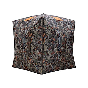 Tag Out Hub Hunting Blind, 3 Person Pop Up Ground Blind, Bloodtrail Woodland Camo and blaze orange safety panels, TA350BT, By Barronett Blinds, 90x90"