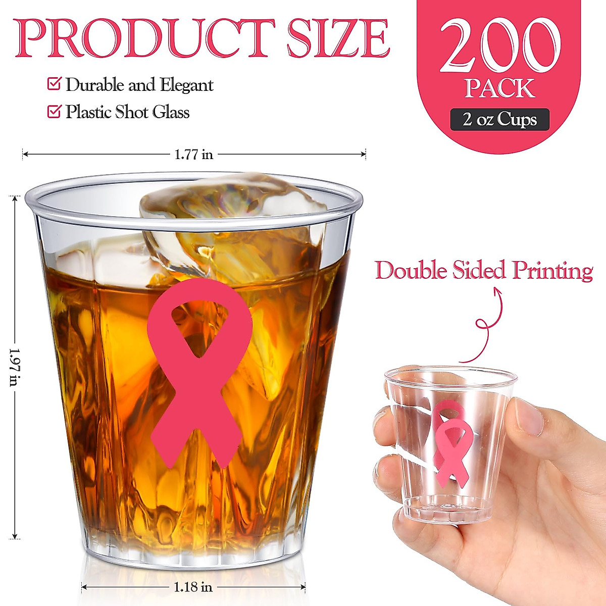 Roshtia 200 Pcs 2 oz Breast Cancer Awareness Cups Pink Ribbon Plastic Shot Glasses Clear Disposable Mini Drinking Wine Cups for Woman Breast Cancer Awareness Month Themed Party Supplies