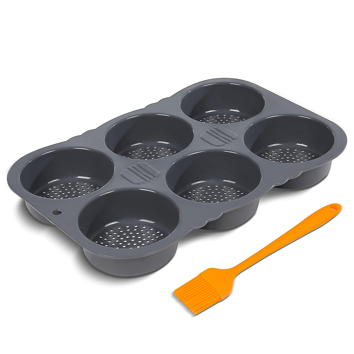 AKS Co Hamburger Bun Pan, Non-Stick Silicone - Oven-Safe, Vented 6-Cavity Baking Mold, Dishwasher Safe with Basting Brush