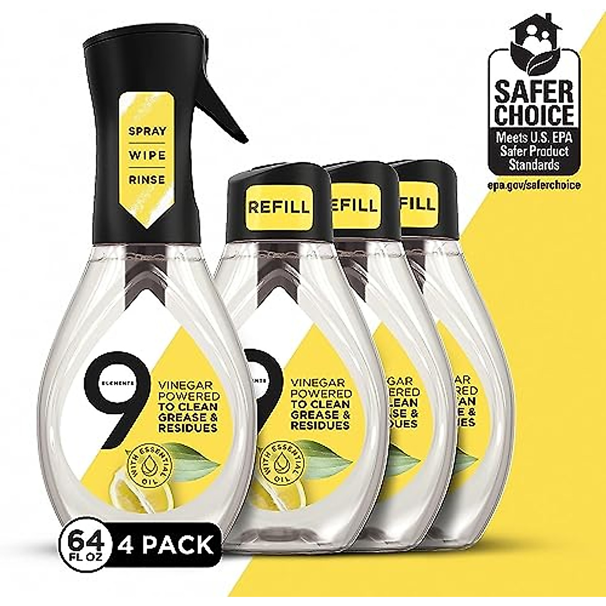 9 Elements Natural Dish Soap, Dishwashing Liquid with Lemon Essential Oils, Made with the Power of Vinegar, 1 Dish Spray Starter Kit & 3 Refills (64 oz Total)