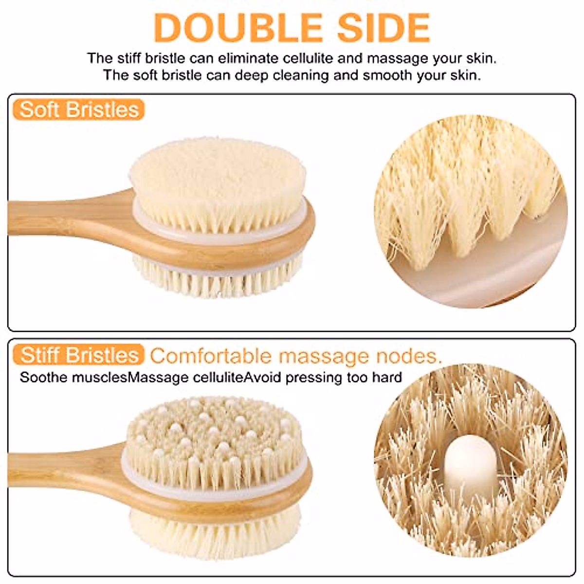 Shower Brush for Body, Coolbird Back Scrubber for Shower Brush with Soft and Stiff Bristles, Bath Dual-Sided Long Handle, Solid Wood Frame & Boar Hair Exfoliating Brush【Black Silicone】