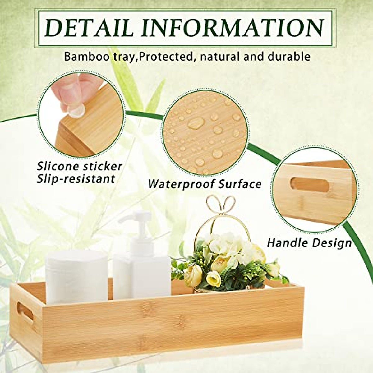 2 Pcs Bamboo Toilet Tank Tray Bathroom Trays Bamboo Bathroom Organizer Wood Toilet Paper Basket with Handles Bamboo Bathroom Box with 10 Pcs Silicone Non Slip Pad for Bathroom Accessories