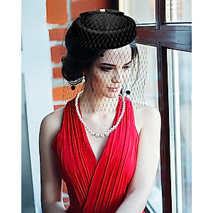 Bniksok Black Fascinators Hats with Veil for Women Vintage Halloween Pillbox Hat 1920s 50s Gatsby Cocktail Tea Party Headwear, Lace Gloves Pearl Necklace