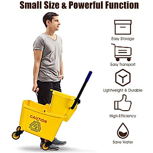 S AFSTAR 32L/8.5 Gallons Mop Bucket with Wringer on Wheels, Commercial Mop Bucket with Wheels & Potable Handle, Industrial Mop Wringer Bucket for Home Office Market Restaurant Hotel (Yellow)