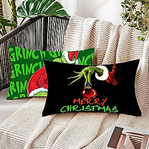 Christmas Pillow Covers 12x20 inch Set of 4 for Christmas Decorations Winter Xmas Farmhouse Pillow case, Merry Grinchmas Throw Pillow Covers Cotton Linen Pillow Case Grinch Holiday Decor for Home