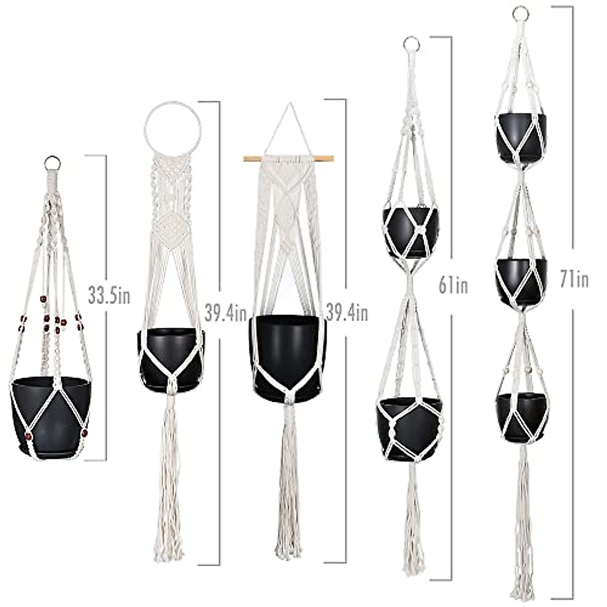 Macrame Plant Hangers, Hanging Planters Set of 5 with 5 Hooks, Hanging Planters for Indoor and Outdoor Plant Décor, Different Tier (5 Sizes) Beige