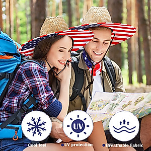 4 Pcs Independence Day USA Sun Straw Hat and Cooling Neck Gaiter Face Mask Set American Flag Hat Straw Beach Hat America Sweat Wicking Neck Gaiter for Men and Women UV Sun Protection