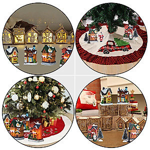 SEWACC 1Set Luminous House Ornament Christmas Cabin Decor Light up Christmas Village Santa Claus Ornaments Home Decorations Xmas Party Decor Desktop Resin Wooden House