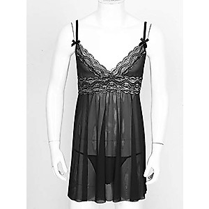 MSemis Sissy Babydoll Lingerie Nightie Dress Men Lace Sheer Tank Nightgown Crossress Nightdress Nightshirt Black X-Large