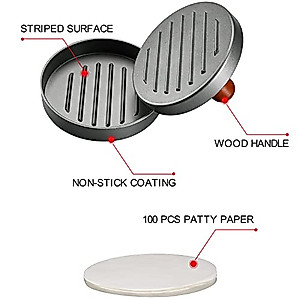 PIQUEBAR Burger Press Patty Maker Stainless Steel Hamburger Mold Non-Stick with 100 Patty Papers