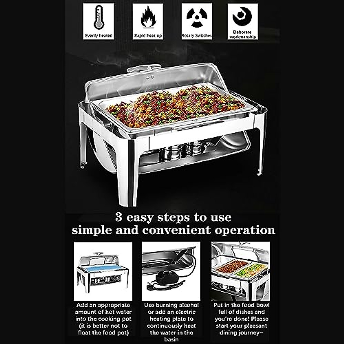 Electric Buffet Server,Food Warmer Tray, Adjustable Temperature, Portable Chafing Dish, Catering Buffet Serving Tray,Stainless Steel Material,uitable for Hotels, Restaurants, Parties