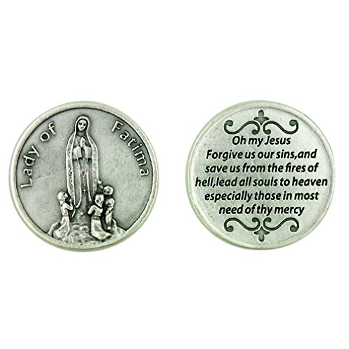 Blessed Virgin Mary Our Lady of Fatima Silver Tone Pocket Token with Prayer