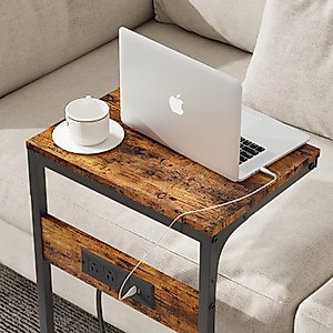 C Table End Table with Charging Station, Side Table with USB Ports and Outlets for Small Spaces, Nightstand with Metal Frame for Living Room, Bedroom, Office, Rustic Brown and Black HCT002
