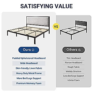 Allewie King Size Metal Platform Bed Frame with Upholstered Headboard, Heavy Duty Steel Structure, Wood Slat Support, Mattress Foundation, No Box Spring Needed, Grey