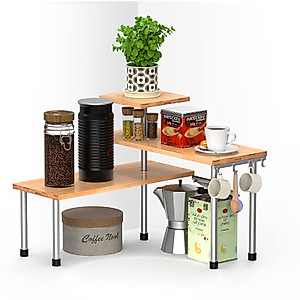 3 Tier Corner Shelf Bamboo Countertop Organizer Bookshelf Display Shelves Space Saving Rack for Living Room, Kitchen, Office (with Hooks)
