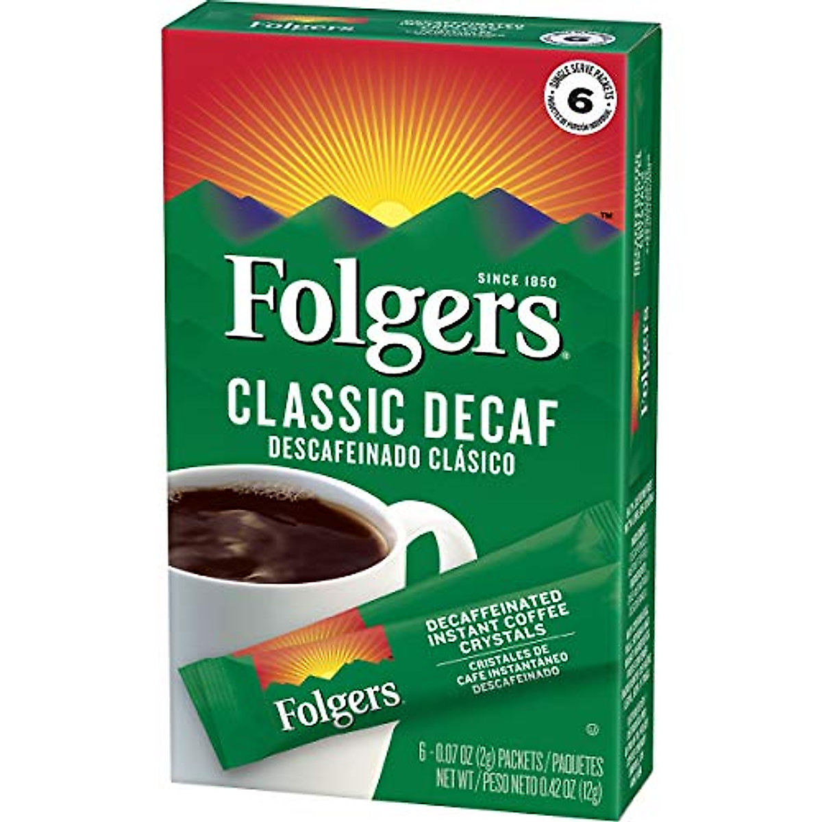 Folgers Classic Decaf Decaffeinated Instant Coffee Crystals, 6 Single Serve Packets (Pack of 12)