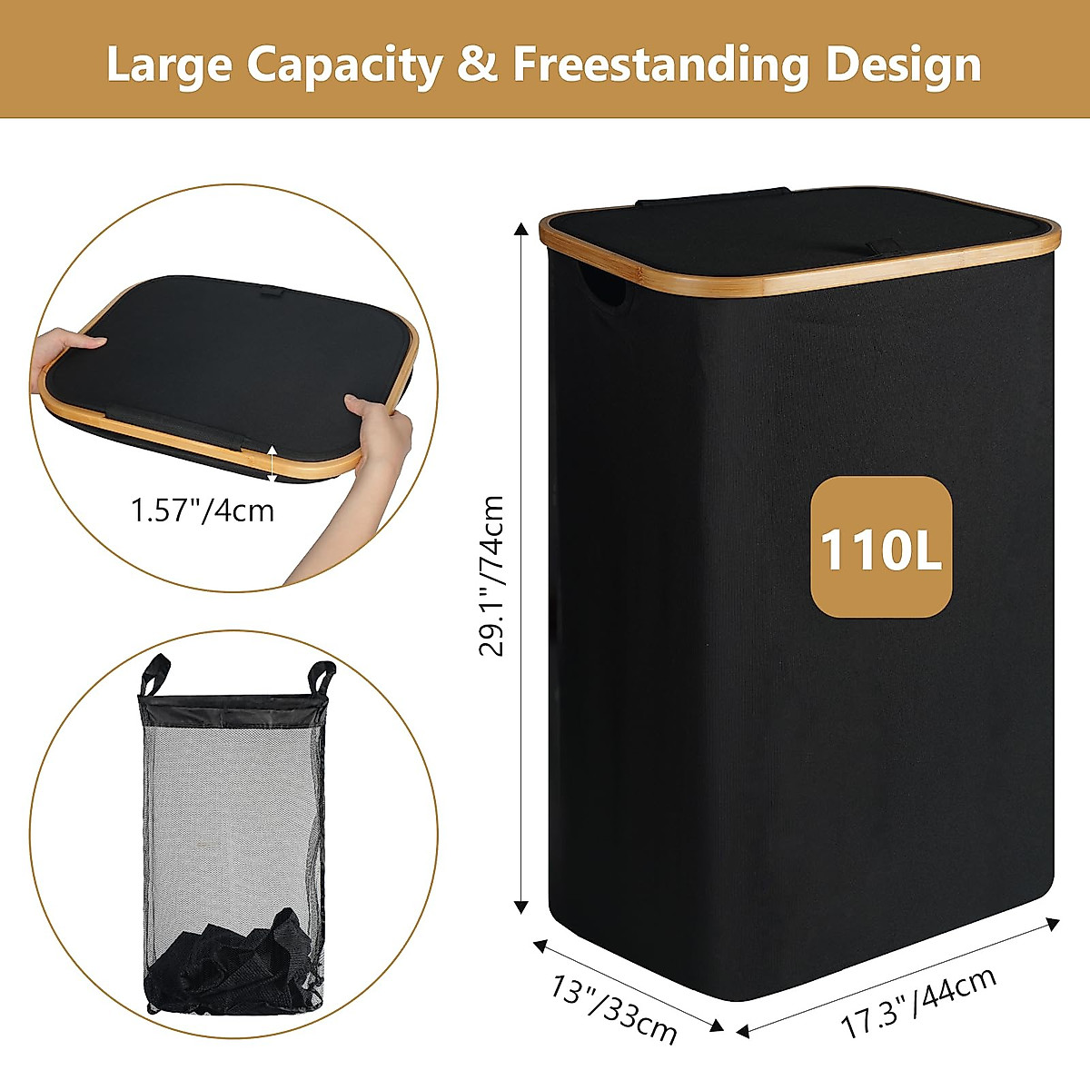 Upassion 110L Laundry Hamper with Lid, Large Laundry Basket with Lid and Handle, Collapsible Hampers for Laundry with Removable Inner Bag for Clothes Toys Towels - Black