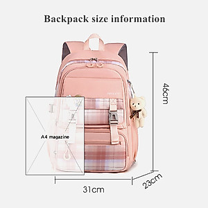 Girls Plaid Aesthetics Backpack Teens Lightweight Casual Bookbag Kawaii Travel Bag with Cute Pins Accessories Schoolbag