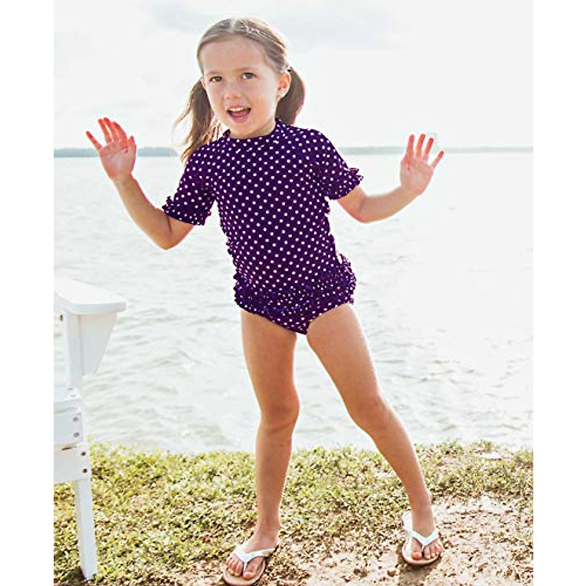 RuffleButts® Girls Rash Guard 2-Piece Swimsuit Set - Purple Polka Dot Bikini with UPF 50+ Sun Protection - 4T