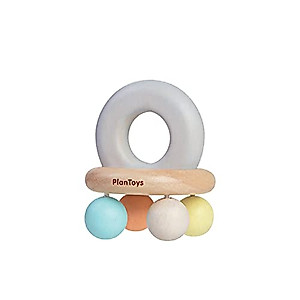 PlanToys Wooden Bell Rattle and Teether Toy (5250) | Pastel Color Collection |Sustainably Made from Rubberwood and Non-Toxic Paints and Dyes