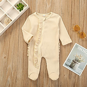 Lelloing Newborn Baby Boy Long Sleeve Romper Infant Girls Solid Color Footed Onesie Ribbed Jumpsuit Unisex Basic Pajamas(Pajama-Beige,0-3M)