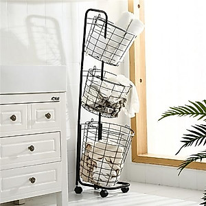 Removable 3 Tier Metal Rolling Laundry Basket Cart,Large Capacity Wire Basket Laundry Hamper with Wheels, Laundry Butler for Bathroom Bedroom Laundry Room