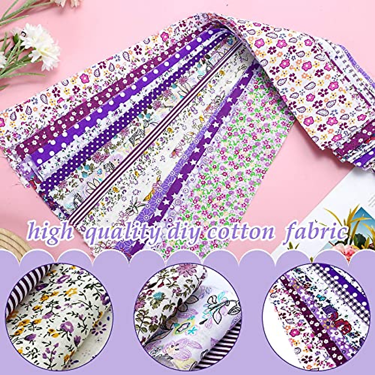 40 Pcs Floral Cotton Fabric Patchwork Roll Cotton Quilting Fabric Roll up Cotton Fabric Quilting Strips 2.55 Inch Precut Patchwork Roll for Craft Sewing DIY Crafts (Purple Flower)