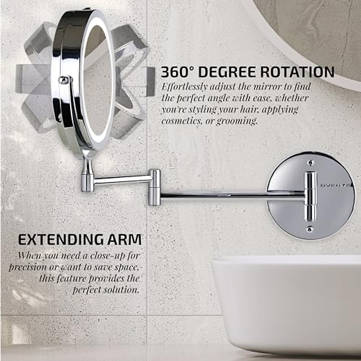 OVENTE 7" Lighted Wall Mount Makeup Mirror with 1X/10X Magnification, Cordless Double Sided Magnifying Round Vanity Mirror, 360° Swivel Design, Extendable and Folding Arm, Polished Chrome MFW70CH1X10X