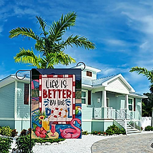 Hzppyz Life is Better by the Pool Summer Garden Flag Double Sided, Flamingo Juice Decorative Yard Outdoor Small Decor Burlap Home Outside Decoration 12 x 18