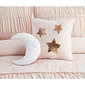 Mytex Celestial Princess Pretty 5-Piece Comforter set with gold metallic foil, Smocked texture, Girls, Teen bedding, Stars and Moons, Two Twinkling Decorative Pillows, Shabby Chic, Blush Pink, Full