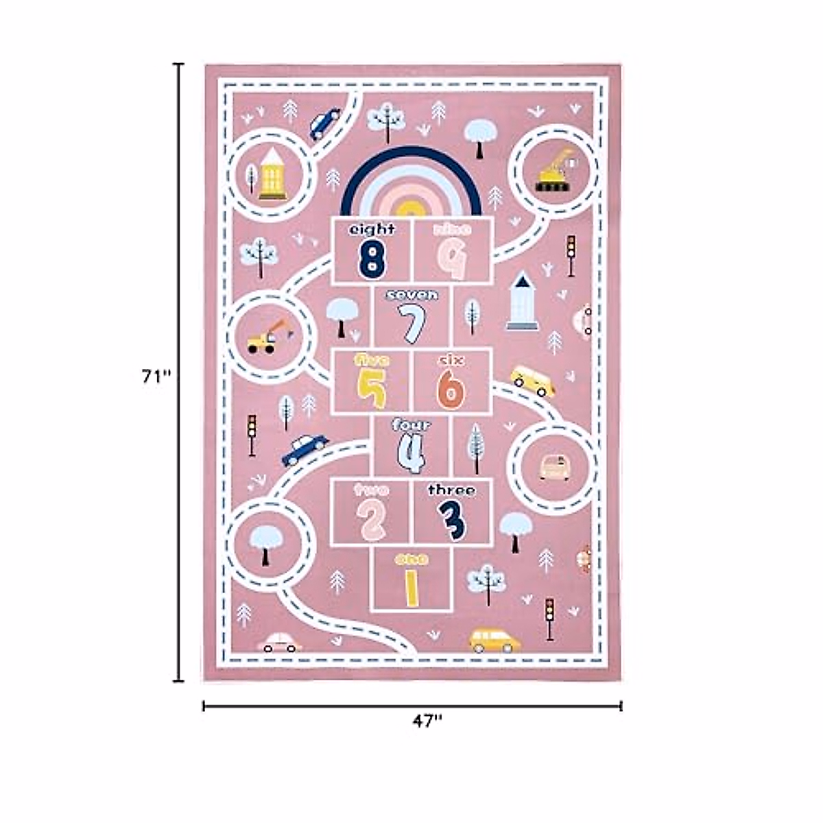 Abeigoi Hopscotch Car Rug 4x6Ft Kids Play Rug Mat Pink Bedroom Playroom Carpet for Girls Boys Nonslip Classroom Rug Children Numbers Educational Throw Area Rugs for Girls Room Decor