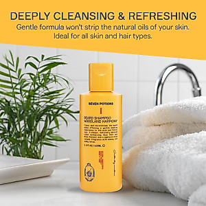 SEVEN POTIONS Beard Shampoo for Men — Gentle, Cleansing Wash for a Clean, Itch-Free Beard — Natural, Vegan, Cruelty-Free — (Woodland Harmony, 3.4 Fl Oz)