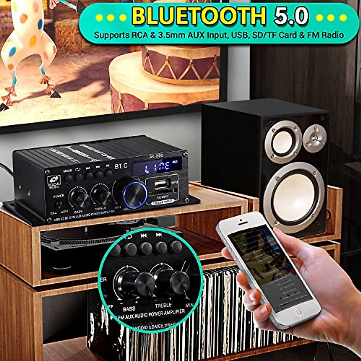 Facmogu AK380 Max 200Wx2 Mini Audio Power Amplifier, RMS 40Wx2 2.0 CH Bluetooth Receiver Speaker Amp with 12V 5A Power Supply, Bass & Treble Control Music Player Sound Amplifier for Car Home Garage