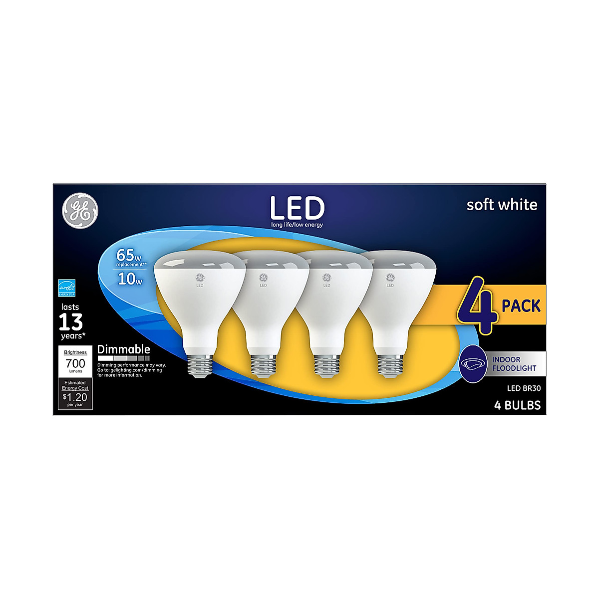 GE Lighting LED Indoor Floodlight Bulbs, 10 Watt (65 Watt Equivalent) Soft White, BR30 Bulb Type, Medium Base, Dimmable (4 Pack)