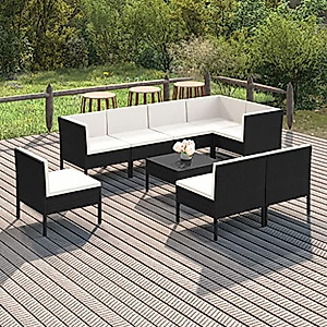 GuyAna 9 Piece Patio Set with Cushions Patio Table and Chairs Outdoor Patio Furniture Living Room Furniture Sets Patio Dining Sets Poly Rattan Black
